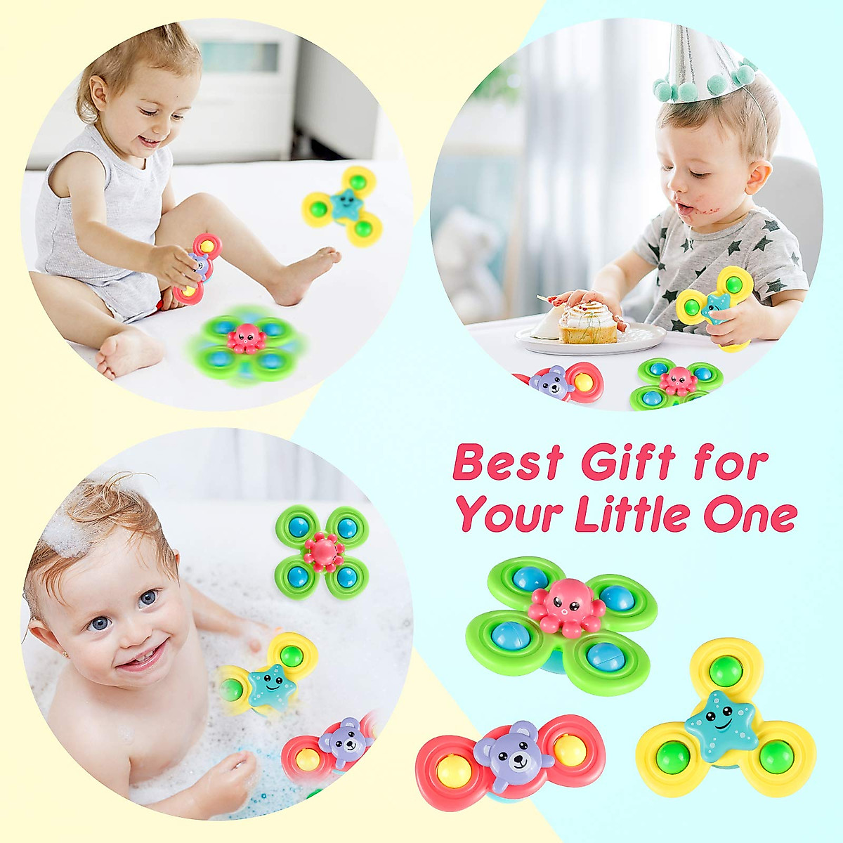 SEPEORUL Suction Cup Spinning Top Toy 3PCs Sensory Toys for Toddlers 1-3 Baby Bath Toys Baby Spinner Toys, Interesting Sucker Gameplay Early Learner Toys for Bath Tub, Dining Table or High Chair