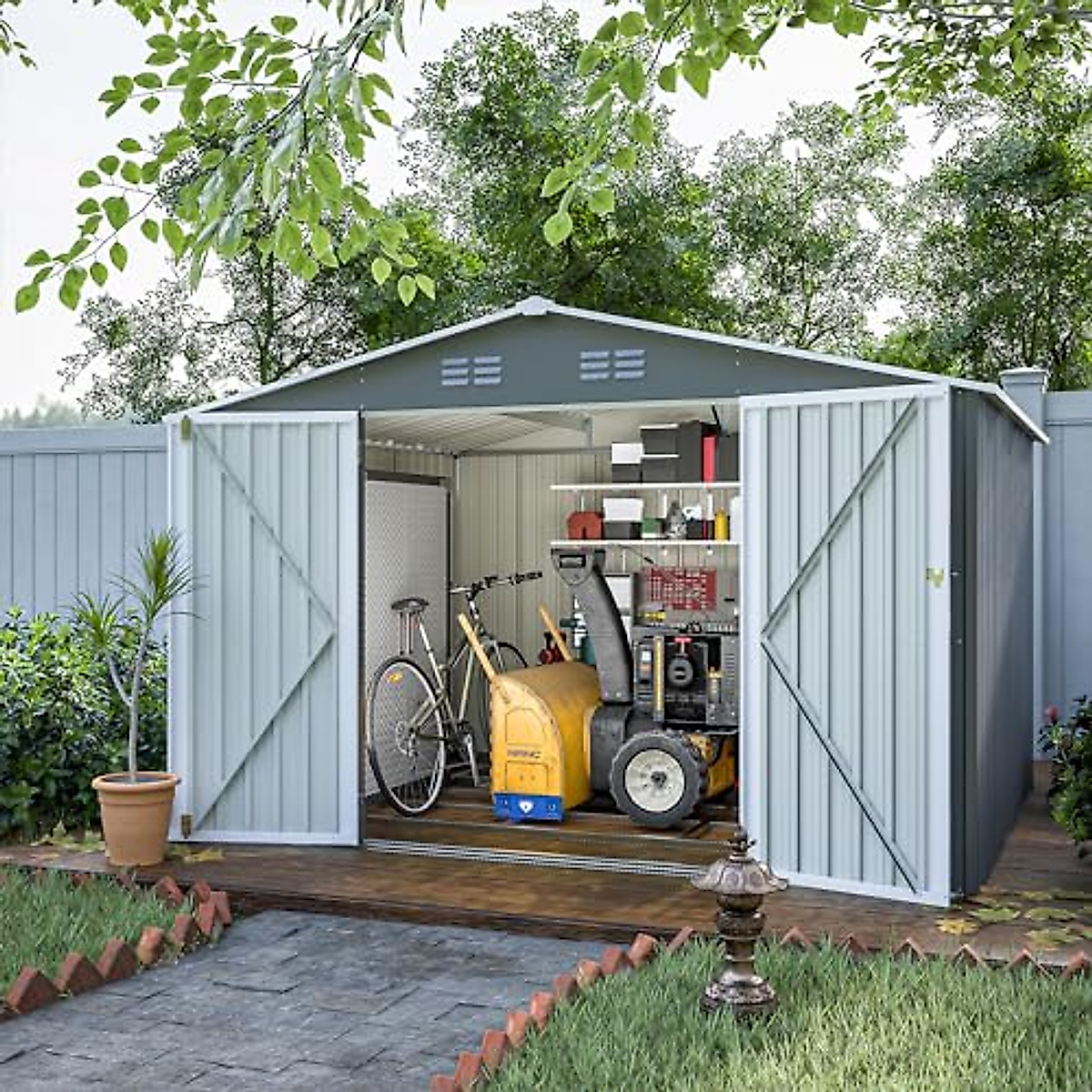 Goohome 10ftx8ft Storage Sheds, Metal Outside Garden Storage Shed w/Lockable Door, Roof Design Sheds & Outdoor Storage, Stable Spacious House Garden Utility Tool Storage Shed for Backyard, Bike Shed