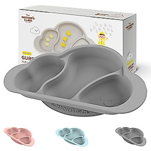 Mother's Corn Suction Plate for Baby | Divided Food-Grade 100% Silicone Feeding Bowls and Dishes for Kids, Infants & Toddlers - BPA-Free, Microwave, Dishwasher & Oven Safe | Cloud Design | Grey