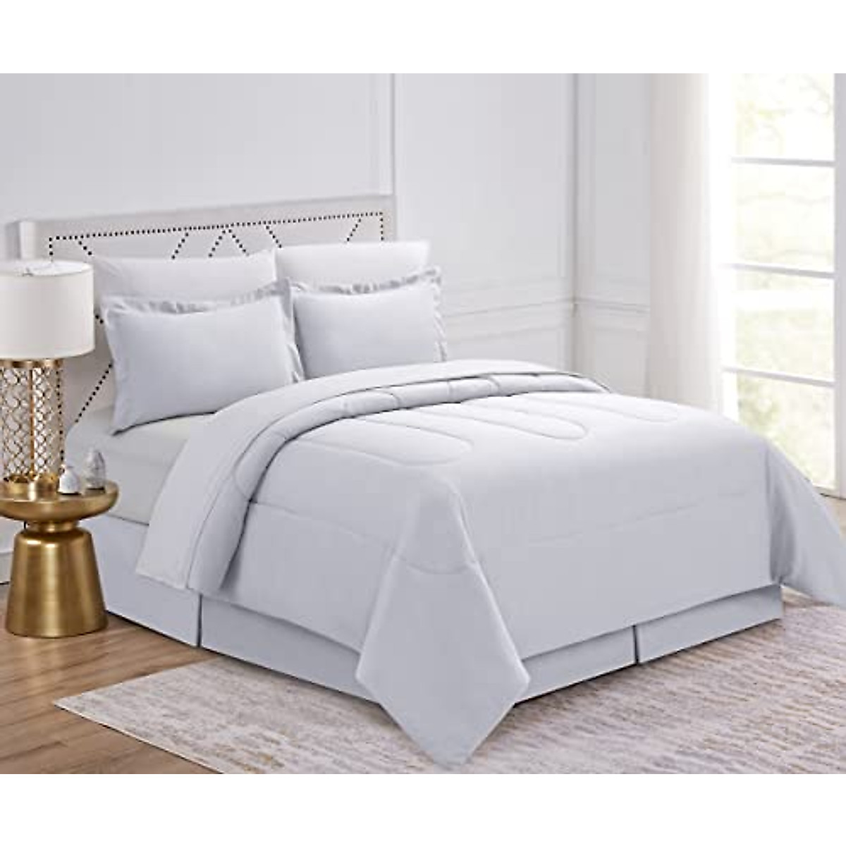 Cathay Home Basic Bedding Home Essential Ultra Soft Light Weight 8PC Wrinkle Resistant Microfiber Bed in a Bag Set (Includes Complete Sheet Set, Comforter Set & Bedskirt) - Full, White