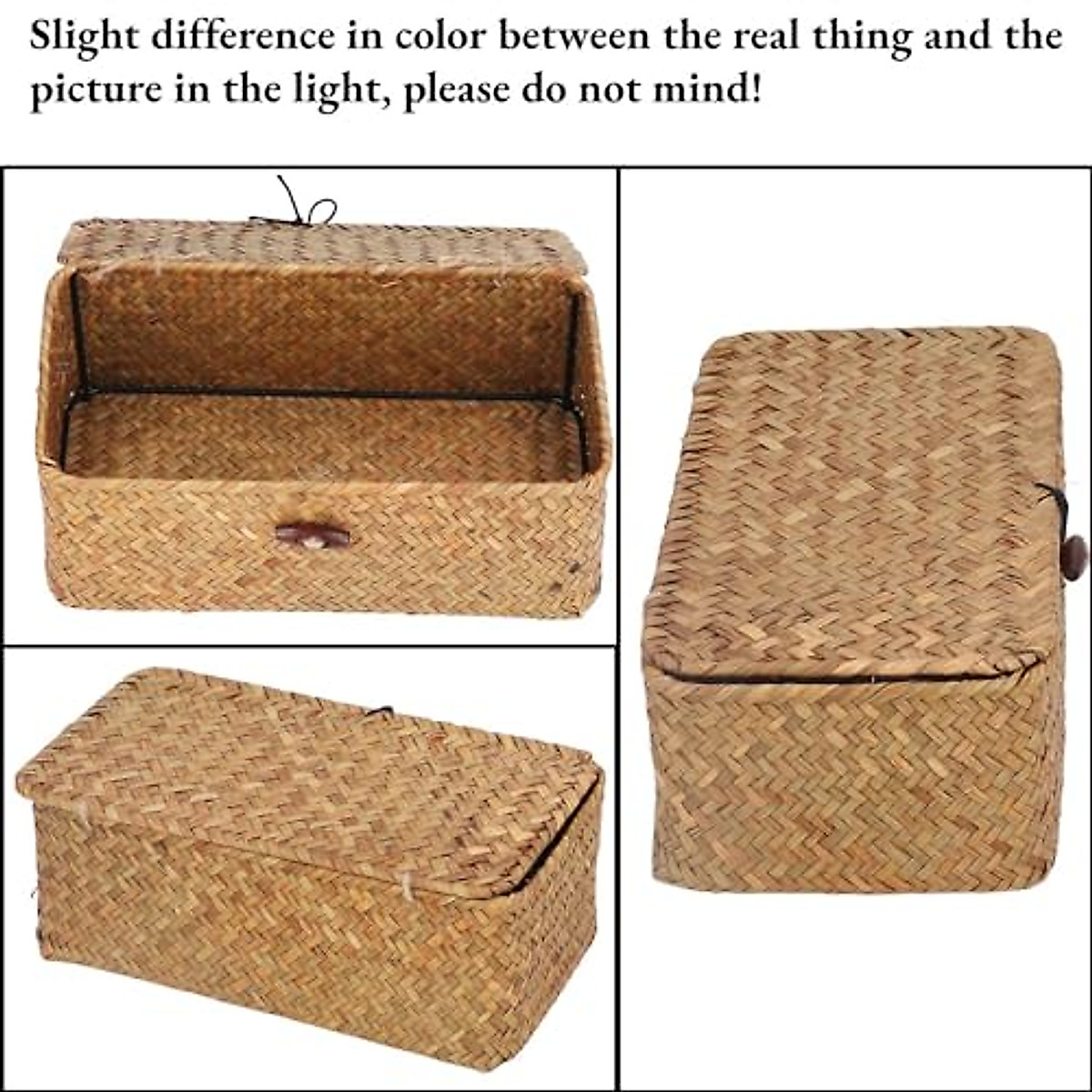 Seagrass Storage Basket, Rectangular Seagrass Basket, Natural Seagrass Storage Basket Woven Rectangular Shelf Basket Bins with Lids Desktop Organizer Wicker Baskets for Organizing(L)