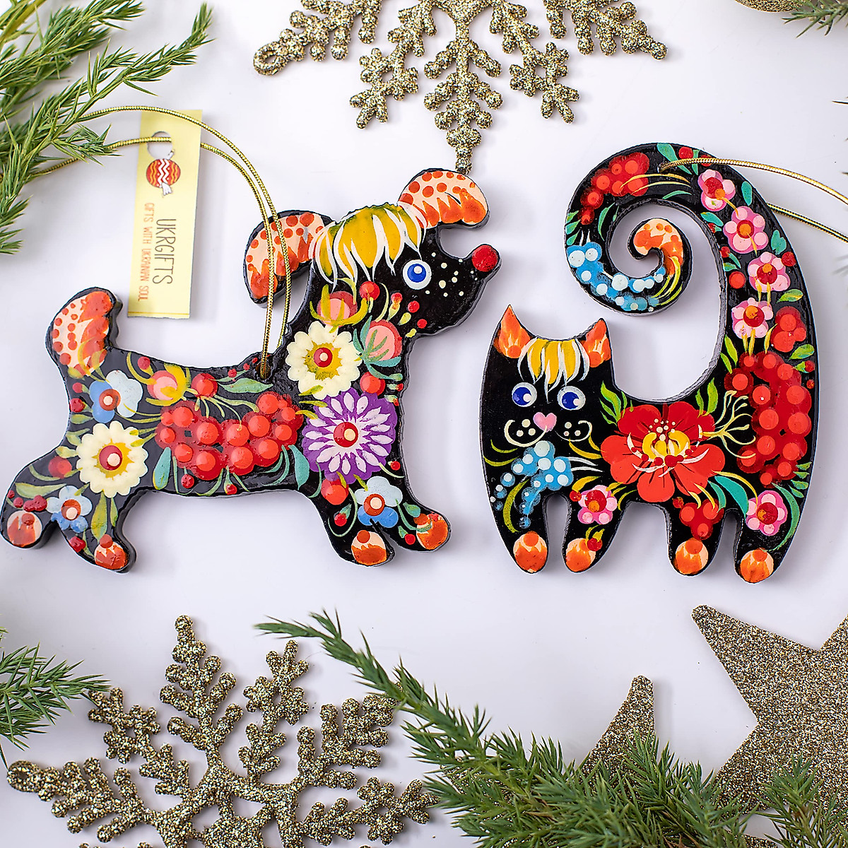 Funny Pets Christmas Decorations Cat and Dog Christmas Tree Ornaments Set 2 pcs Wooden Hand-Painted 3.3 x 2.8 x 0,2 inches. Children Animal Christmas Tree Ornaments Ukrainian Folk Art (Black)