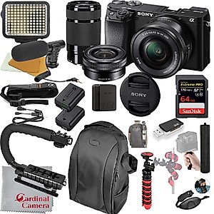 Sony Alpha a6100 Mirrorless Camera with 16-50mm and 55-210mm Lenses, Video Bundle + LED Video Light + Microphone + Extreme Speed 64GB Memory(21pc Bundle)