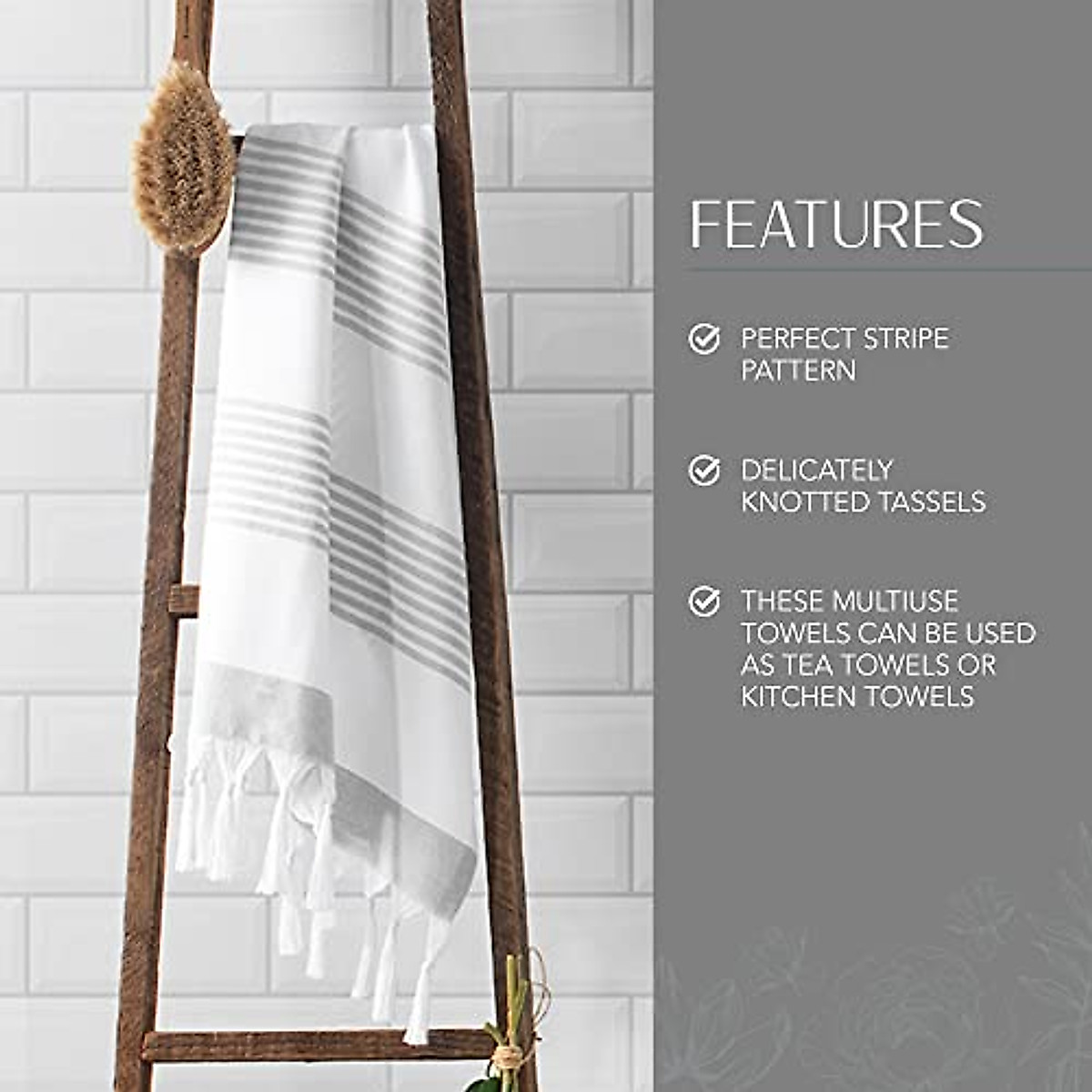 Elrene Home Fashions Boho Harper Stripe Knotted-Tassel Hand Towels, 16 Inches by 30 Inches, Set of 2,Cotton, Gray