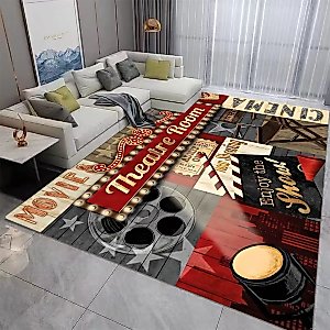 Vintage Home Theater Red Cinema Movie Theater Area Rugs Home Decor Floor Mat Non-Slip Carpets Throw Rugs Doormat Door Mats Floor Mat Movie Room Decor for Living Room Bedroom Bathroom 5'x7'