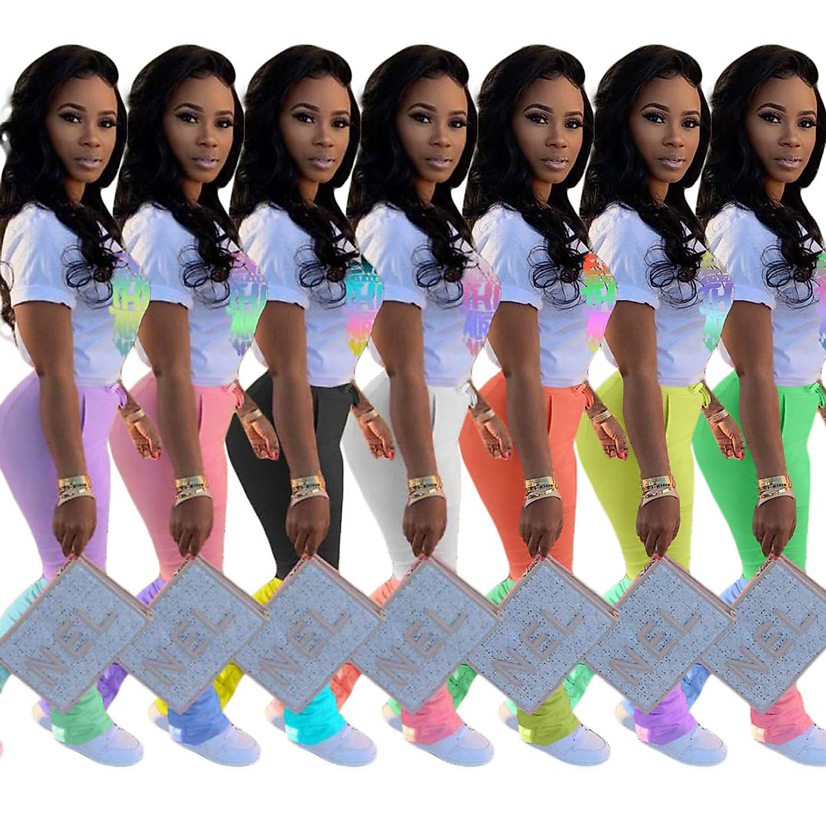 Remelon Casual 2 Piece Outfit Sets for Women Color Block Short Sleeve T-Shirts + Stacked Flare Pants Tracksuit Sweatsuit