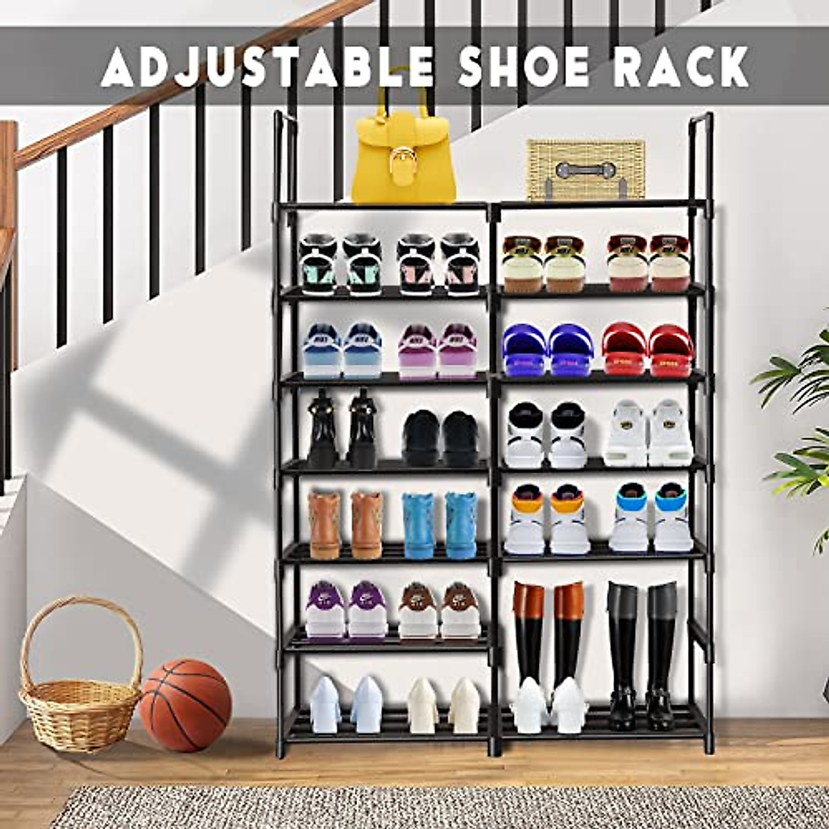 7-Tier Shoe Rack Storage Organizer for Closet, 28 Pairs Shoes and Boots Shelf Organizer, Durable Metal Pipes and Plastic Connectors Shoe Shelf Organizer for Entryway, Hallway, Living Room, Black
