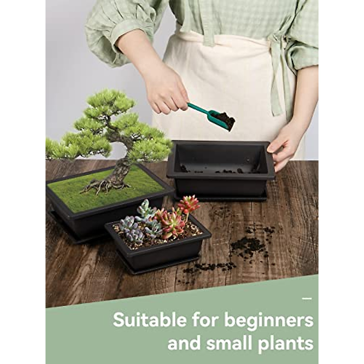 8 Packs Bonsai Training Pot with Humidity Tray - 6.5inch & 8.9inch Small Bonsai Tree Pots Kit, Plastic Plants Growing Planter with Drainage Tray, Indoor Decor Garden Yard