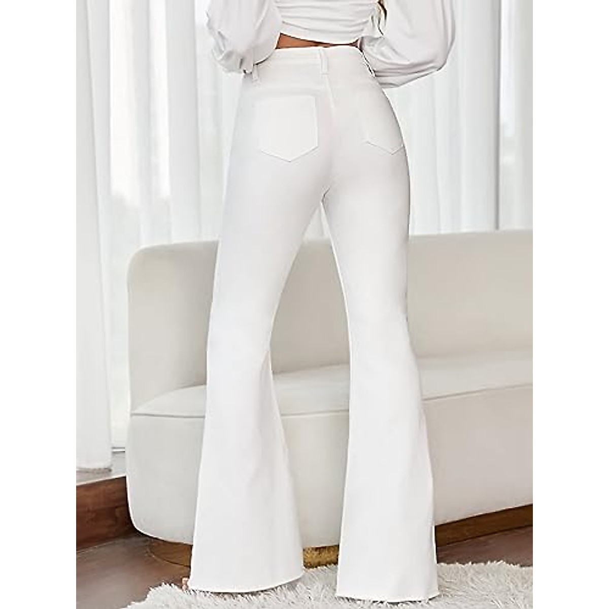 Floerns Women's High Waisted Flare Jeans Frayed Raw Hem Bell Bottom Denim Pants White M