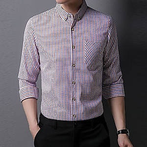 Men's Plaid Long Sleeve Stylish Shirts Striped Lightweight Slim Shirts Classic Business Button Down Dress Shirt (Red,3X-Large)