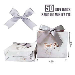 TTSITG 50 Pack Thank You Mini Bags, 4.5" x 1.8" x 3.9" Marbled Candy Box Gift Grey Thank You Box Cardboard Gift Boxes Small Party Favor Bags With Bow Ribbon Suitable for Anniverary