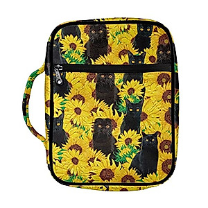 Coloranimal Sunflower Bible Book Covers Church Bags Bible Protective with Handle Zippered Pocket Black Cats Carrying Book Bible Holder Accessories Organizer Case Tote Bags for Women Girls
