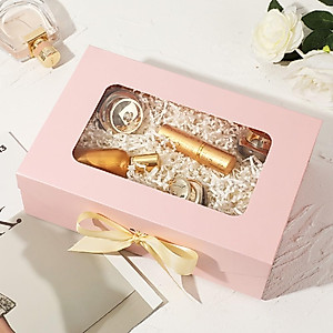 PLINJOY Pink Gift Box for Presents with Ribbon 10.8x7.5x3.5 Inches Clear Gift Box with Window Magnetic Closure Gift Boxes with Lids