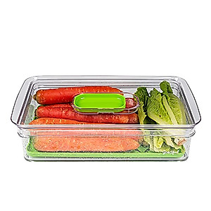 Goodful Produce Keeper, Adjustable Air Vents, Removable Insert/Colander, Durable Food Safe Material, Stackable, Clear and Green, Flat, 11.6" x 6.8" x 2.8"
