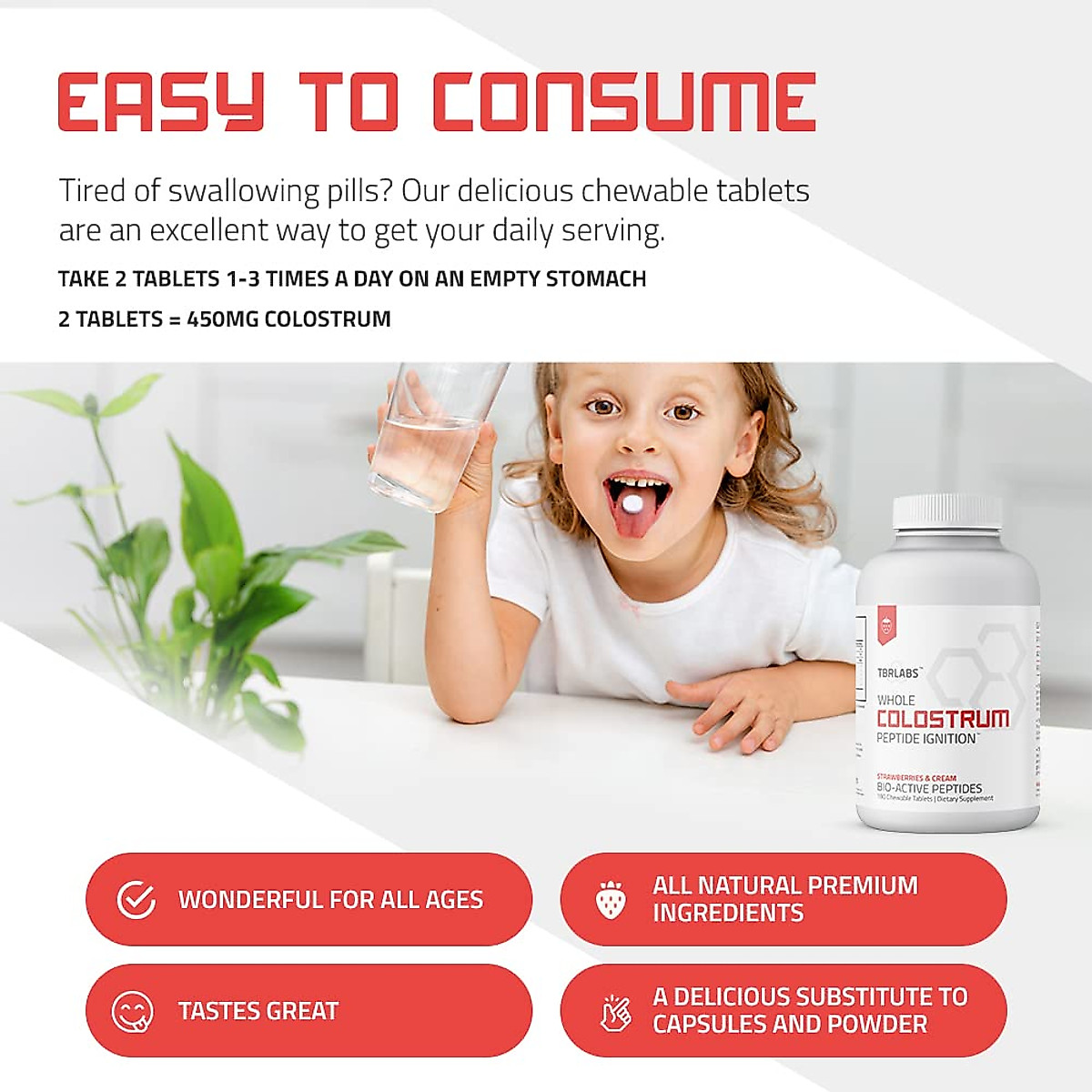 Bovine Colostrum Chewable Tablets - TBR Labs - with Immunoglobulins and Lactoferrin - for Immune & Gut Health, USA Sourced, 100% First Milking - Strawberries & Cream - 180 Tablets (90 Servings)