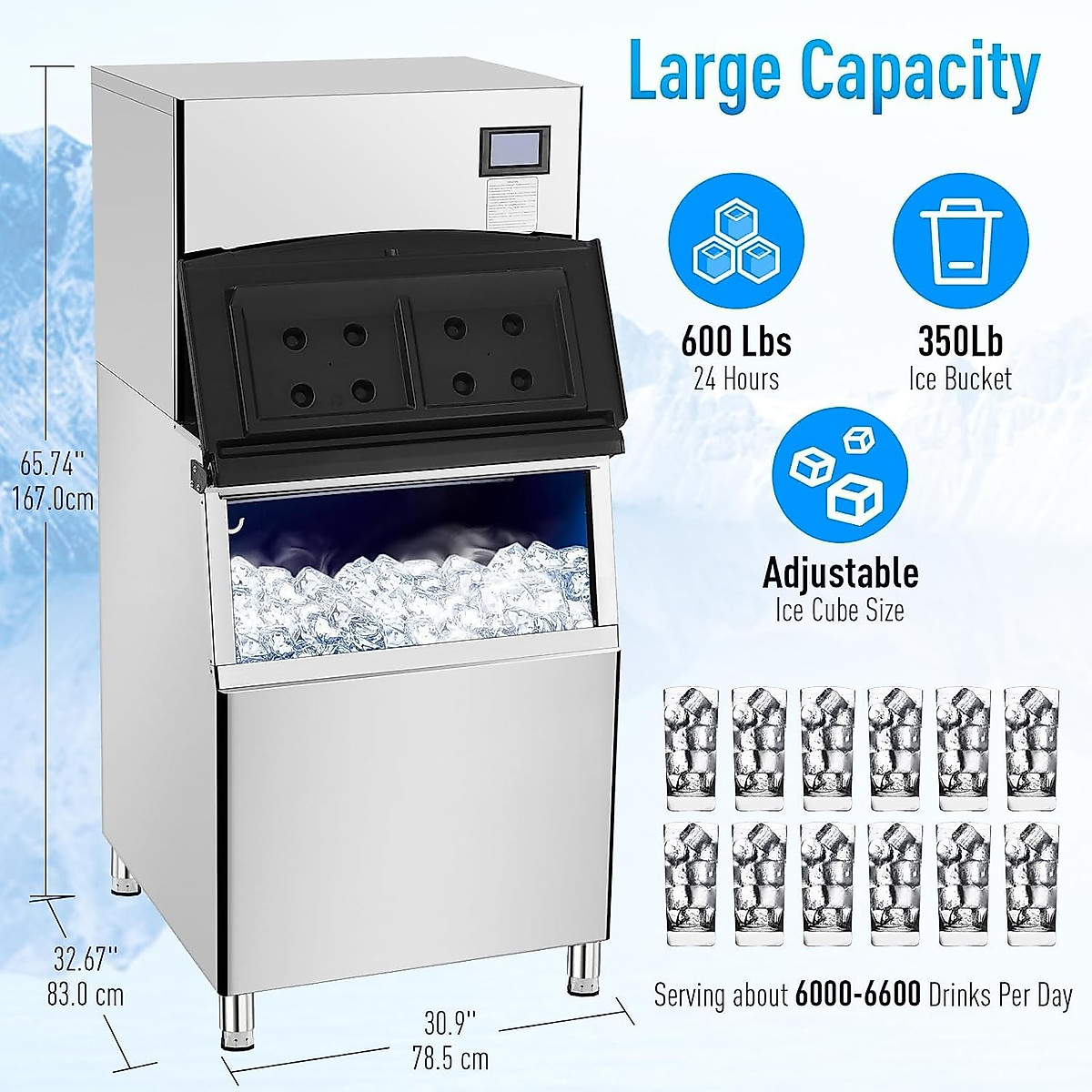 Zstar 600LBS/24H Commercial Ice Maker Machine, Freestanding Large Ice Maker with 350LBS Ice Storage Bin, Ice Ready in 5-15min, Stainless Steel Industrial ice Machine for Commercial Restaurant Cafe Bar