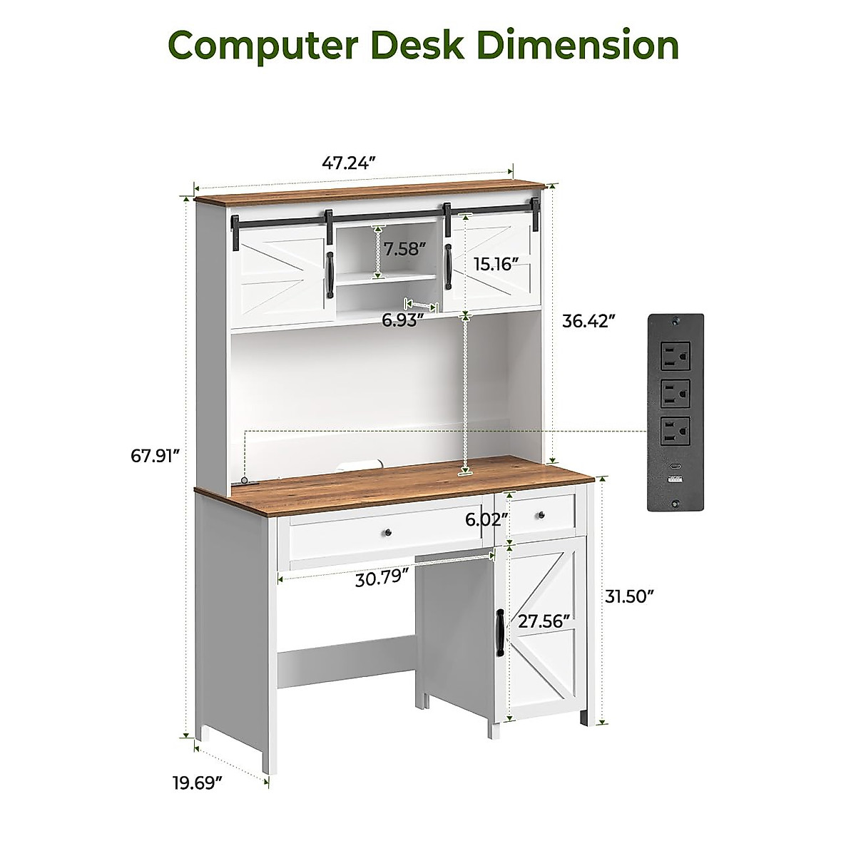 Tatub 47" Farmhouse Desk with Drawers & Power Outlet, White Executive Desk with Storage & Sliding Door Lockers, Computer Desk with Hutch and Drawers, Rustic Brown