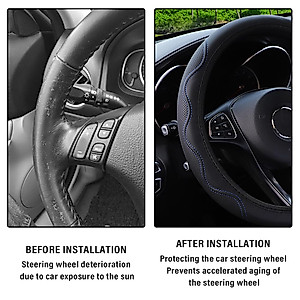OFBAND Breathable Car Steering Wheel Covers,Anti-Slip Leather Steering Wheel Cover with Elastic for Car Decorations,Universal Car Accessories Interior 15 Inch Steering Wheel Protector (Black Blue)
