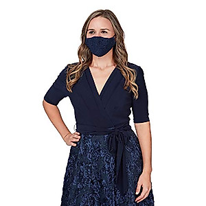 Alex Evenings Women's Tea Length Jersey and Rosette Lace Dress (Petite and Regular), Navy Tie Front, 6