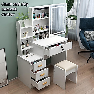 Vanity Desk, Makeup Vanity Desk with Sliding Mirror and Lights, Makeup Vanity Set with Drawers, Stool and Open Shelves, 3 Color Lighting Modes, Brightness Adjustable Dressing Table for Bedroom