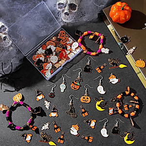 HTZNHXT 50 Pcs Halloween Charms, Halloween Alloy Charm Enamel, Pumpkin, Witch Hat, Ghost, Spider, Bat Pendants, Assorted Pendant Charms for Bracelet, Earring, Jewelry Making