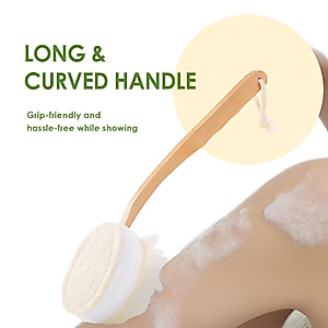 Shower Body Scrubber with Curved Long Handle, Dual-Sided Brush with Soft Mesh and Natural Loofah for Skin Exfoliating, Back Body Exfoliator for Bath