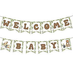 Woodland Animal Welcome Baby Banner, Woodland Creatures Banners Deer Rabbit Forest Animal Friends Garland Baby Shower Birthday Party Decorations