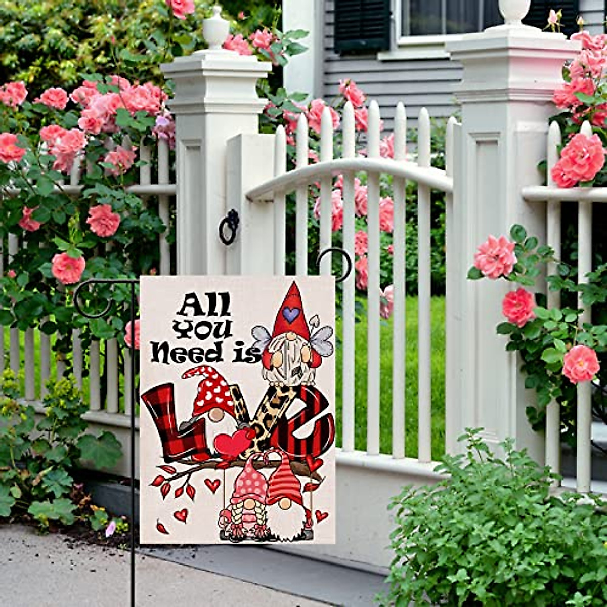Furiaz All You Need is Love Gnomes Couple Valentine's Day Garden Flag, Buffalo Plaid Check Leopard Hearts Yard Anniversary Outdoor Decoration, Wedding Engagement Outside Small Decor Double Sided 12x18