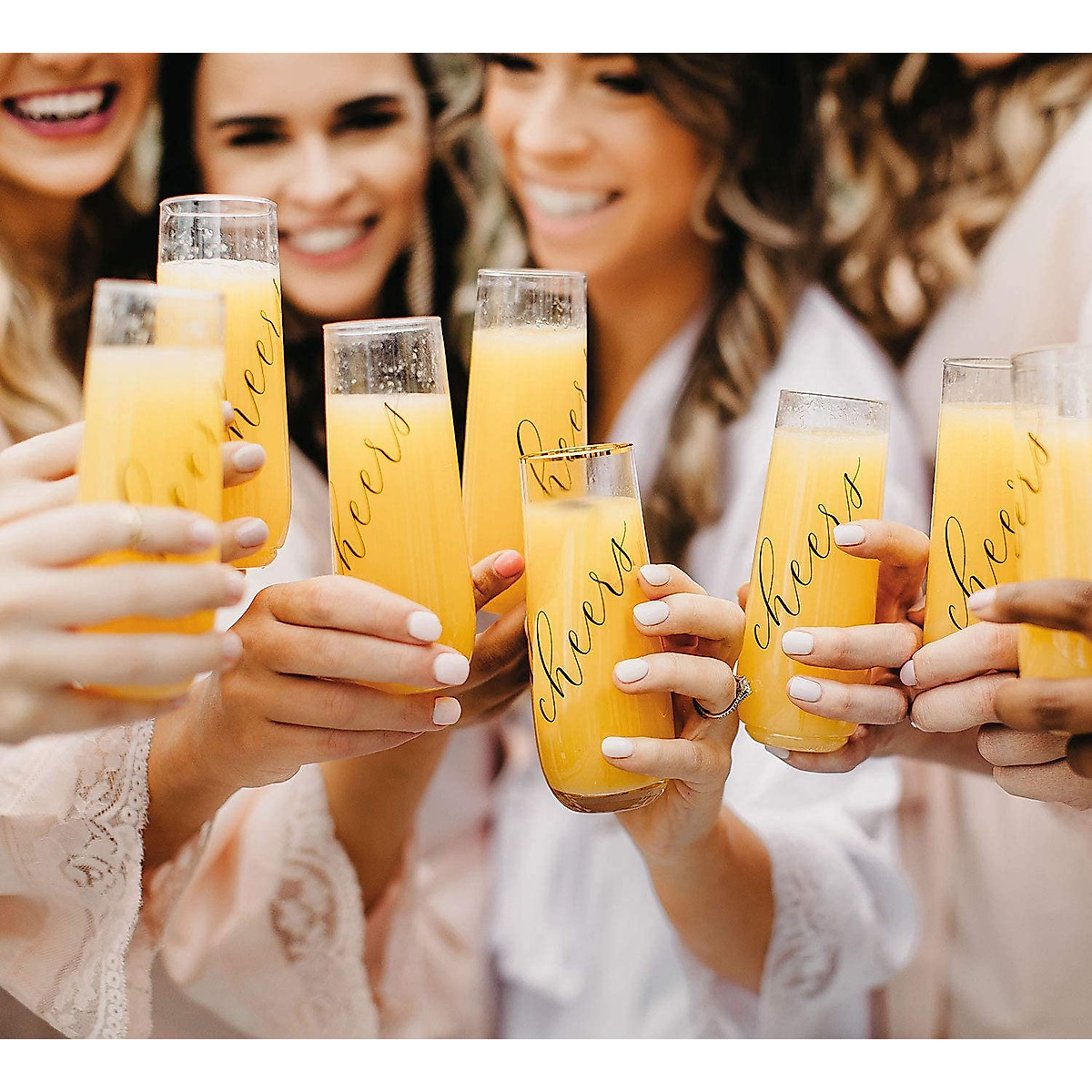 ModParty Cheers Flutes | Set of 12 | Wedding Reception, Bachelorette Party, Bridal Brunch Plastic Stemless Cups | Bridesmaid Keepsakes | Toasting Drink Shatterproof Glass