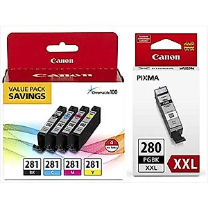 Canon CLI-281 BKCMY 4-Color Ink Tank Value Pack, Canon PGI-280 XXL Pigment Black Ink Tank