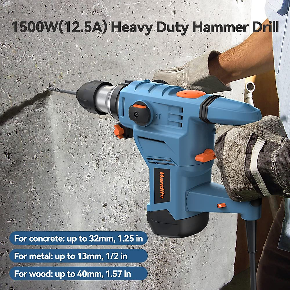 y Duty Rotary Hammer Drill 12.5 Amp, 1-1/4'' SDS-Plus, 3 Functions with Vibration Damping Technology, Safety Clutch, 6-Speed Regulation, Used for Concrete, Metal, and Stone (Blue)