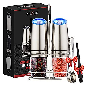 Gravity Electric Pepper and Salt Grinder Set-Adjustable Coarseness-Battery Powered with LED Light-One Hand Automatic Operation-Stainless Steel 2 Pack- Kitchen Gadgets Gifts Ideas By ZIROCC