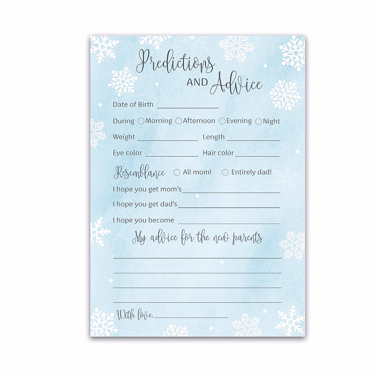 SNOWFLAKES Prediction and Advice Cards - Pack of 25 - WINTER Wonderland BLUE Boy Baby Shower Game, Wishes for Mommy & Daddy Message Baby It’s Cold Outside Activity Keepsake Frost Holiday G781-PDAV