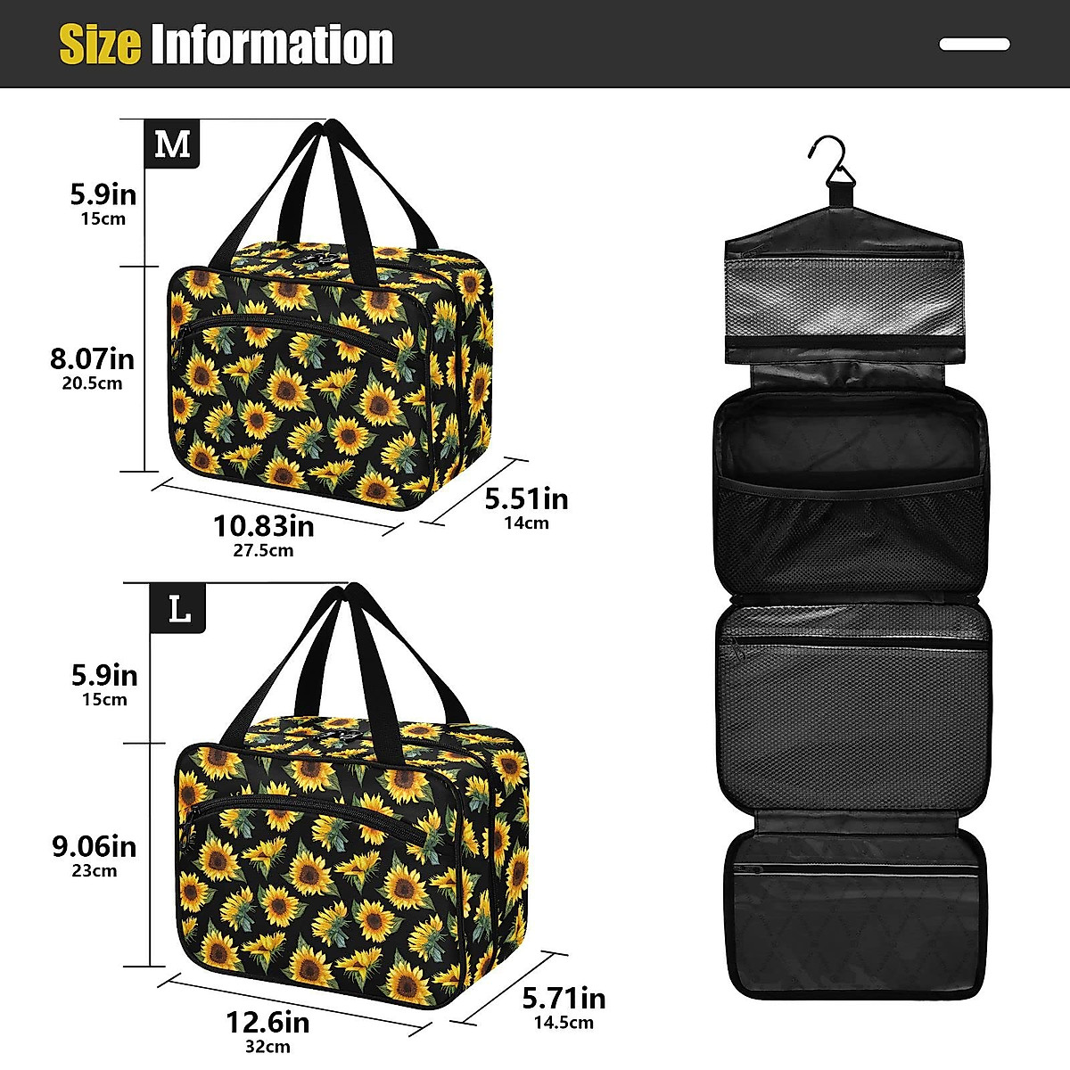 Vnurnrn Sunflowers on Black Large Travel Toiletry Bag for women Makeup Organizer Bag with Hanging Hook Shower Bag for Traveling Electric Shaver Brush