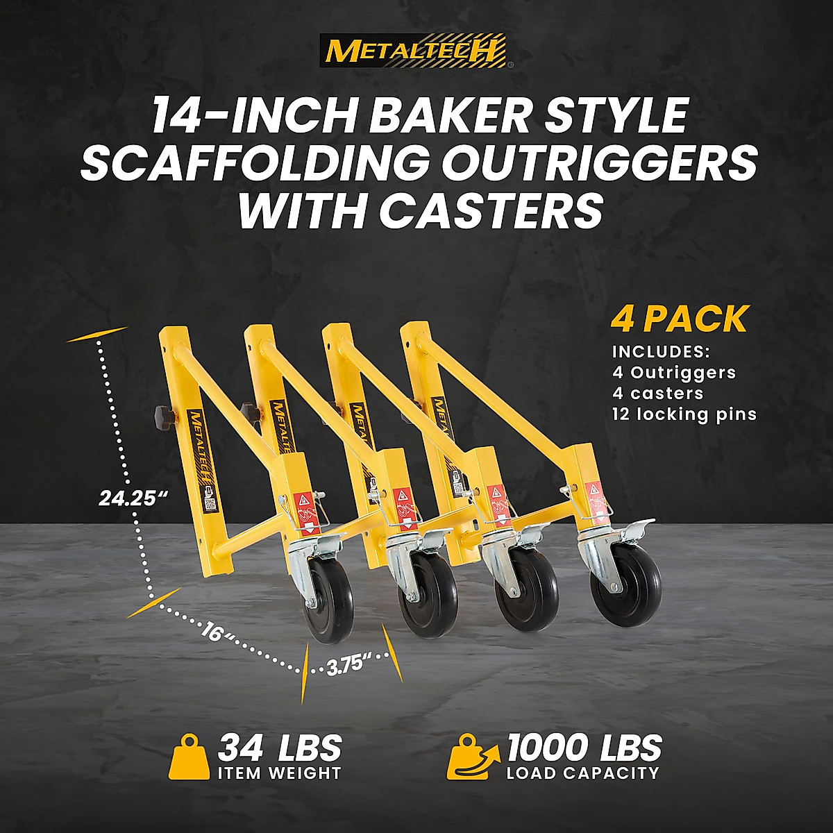 MetalTech 4 Pack Scaffold Outriggers, Baker Style Scaffolding Accessory Wheels, 14 Inch