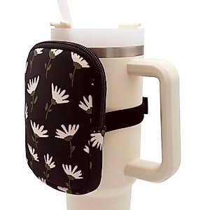 NOLI JUNE - Black Floral Neoprene Pouch for Stanley Quencher 18oz to 40oz - Adjustable Strap, Zipper Closure, Unisex Travel Accessory - Water Bottle Tumbler Carrier