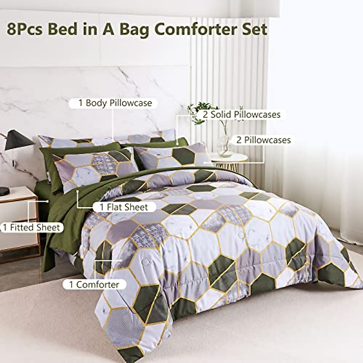 PERFEMET 8 Pieces Green King Comforter Set Geometric Marble Bedding Sets King Size Hexagon Honeycomb Print Bed in A Bag Soft Lightweight Bed Comforter Sets with Sheets (Green, King)