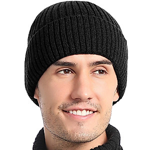 Vgogfly Lined Men Beanie Slouchy Knit Skull Cap Warm Stocking Hats Guys Women Striped Winter Beanie Hat Black