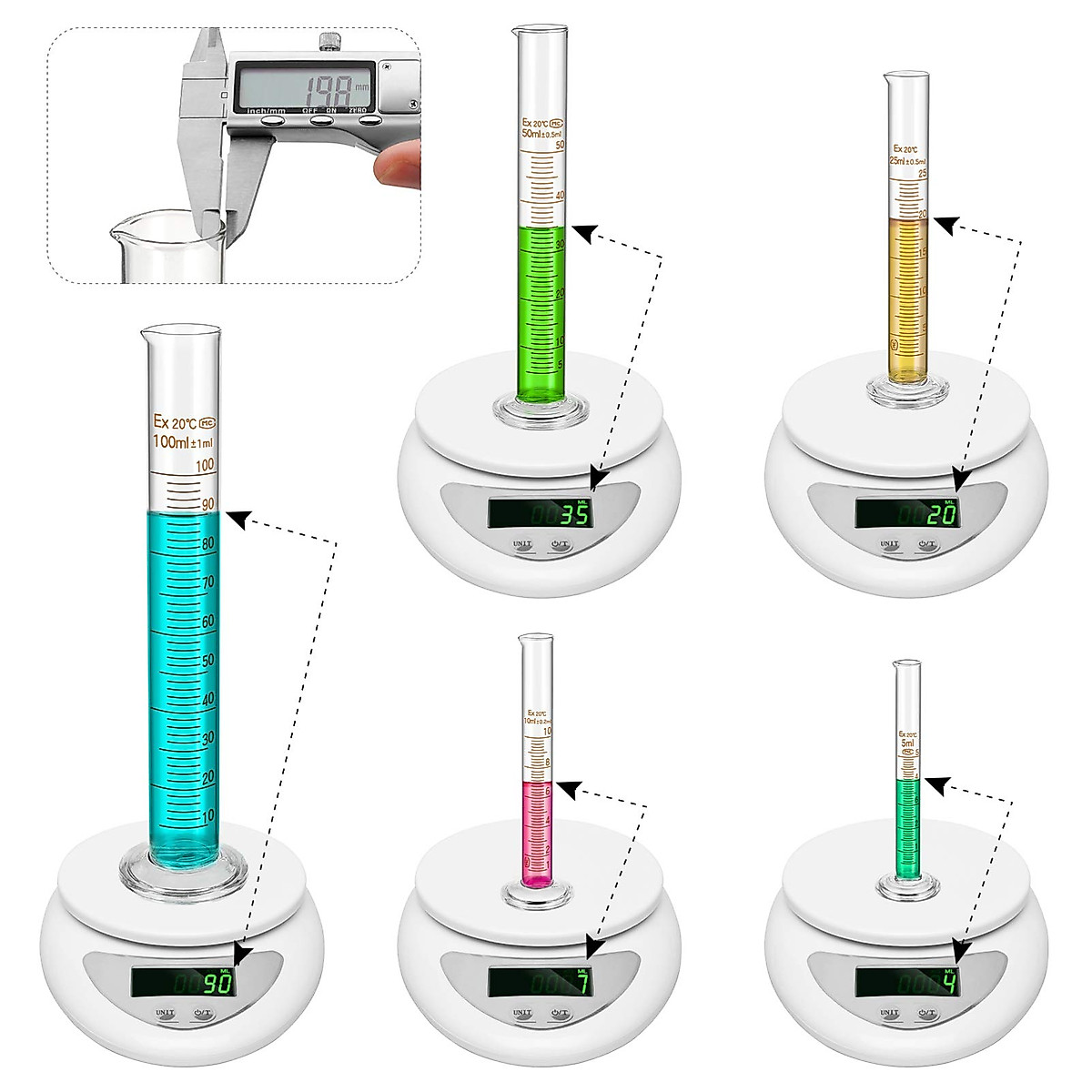 Glass Graduated Measuring Cylinders Set 5ml 10ml 25ml 100ml Thick Lab Cylinders 3 Droppers 2 1 Stirring Rod Cylinders Set