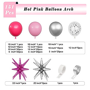 Deiiom Hot Pink Silver Balloons Arch Garland Kit-Macaron Pink Balloon Hot Pink Explosion Star Foil Balloon 151Pcs for Princess Birthday,Graduation,Bachelorette,Baby Shower,Christmas Party Decorations.