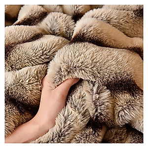 QuKan Bed, Faux Rabbit Fur Velvet Fleece Luxury Bedding Set Fuzzy Brown Stripe Plush Shaggy Warm Duvet Cover Set Bed Sheet Pillowcases 4Pcs, MM-102