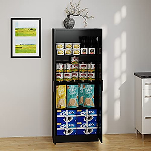 Panana Wooden Storage Cabinet, Narrow Pantry Cabinets Free Standing Tall Storage Cabinet with 2 Doors and Shelves (Black)
