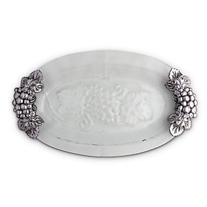 Arthur Court Clear Glass Food Tray Platter with Grape Handle in Sand Casted Aluminum with Artisan Quality Hand Polished Designer 20 inch x 11.5 inch