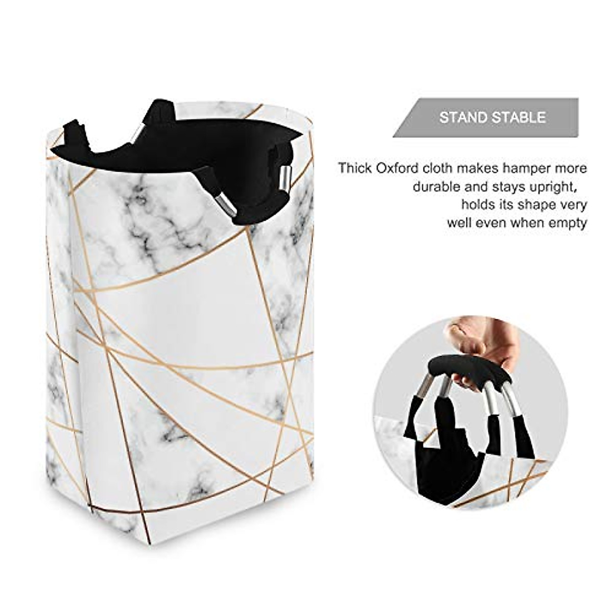 ALAZA Large Laundry Basket White Marble with Gold Geometric Lines Laundry Bag Hamper Collapsible Oxford Cloth Stylish Home Storage Bin with Handles, 22.7 Inch