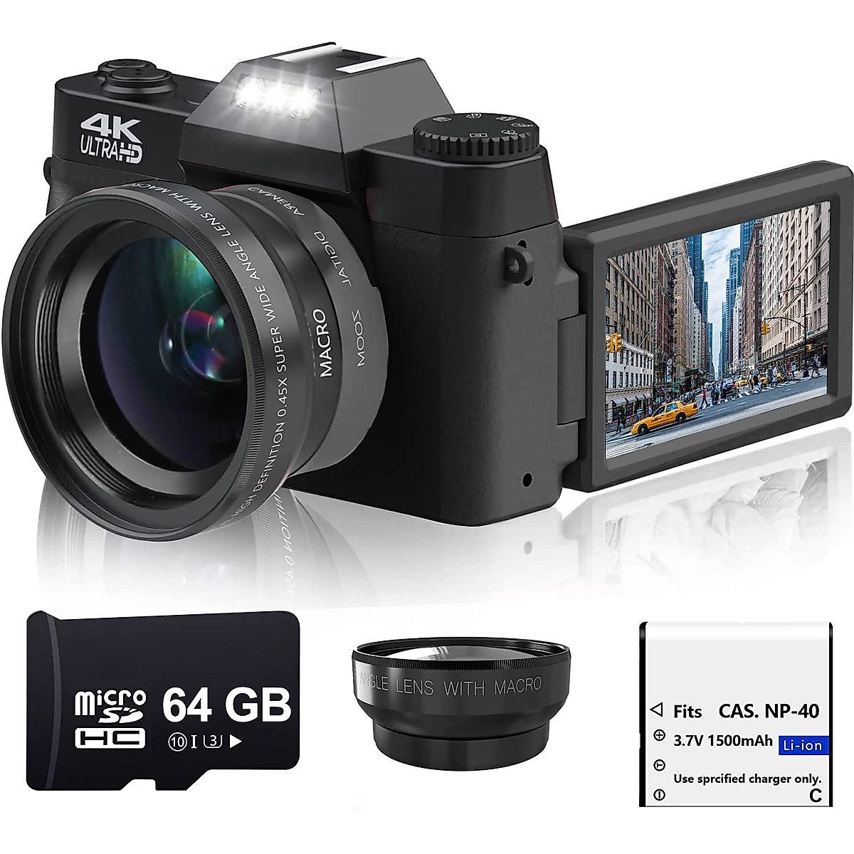 Acuvar 4K 48MP Digital Camera for Photography, Vlogging Camera for YouTube with 3.0’’ 180° Flip Screen, WiFi, 16X Digital Zoom, Wide Angle & Macro Lens, Rechargeable Battery, 64GB Micro SD Card Black