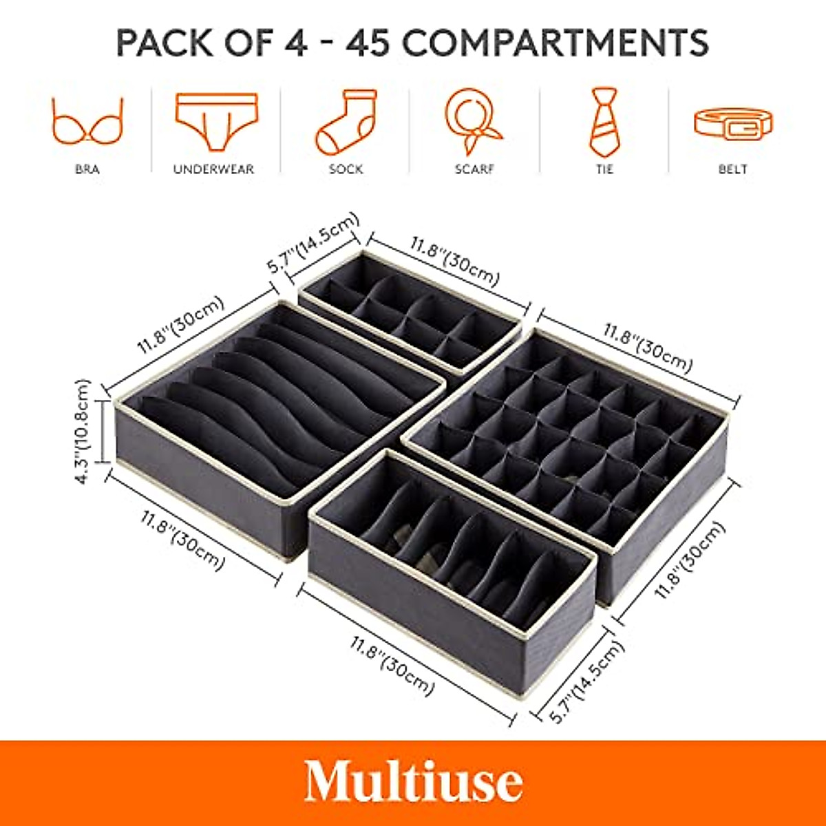 Lifewit 4 PCS Drawer Underwear Organizers, Bundle with 3 Pack Sock Organizers, Grey