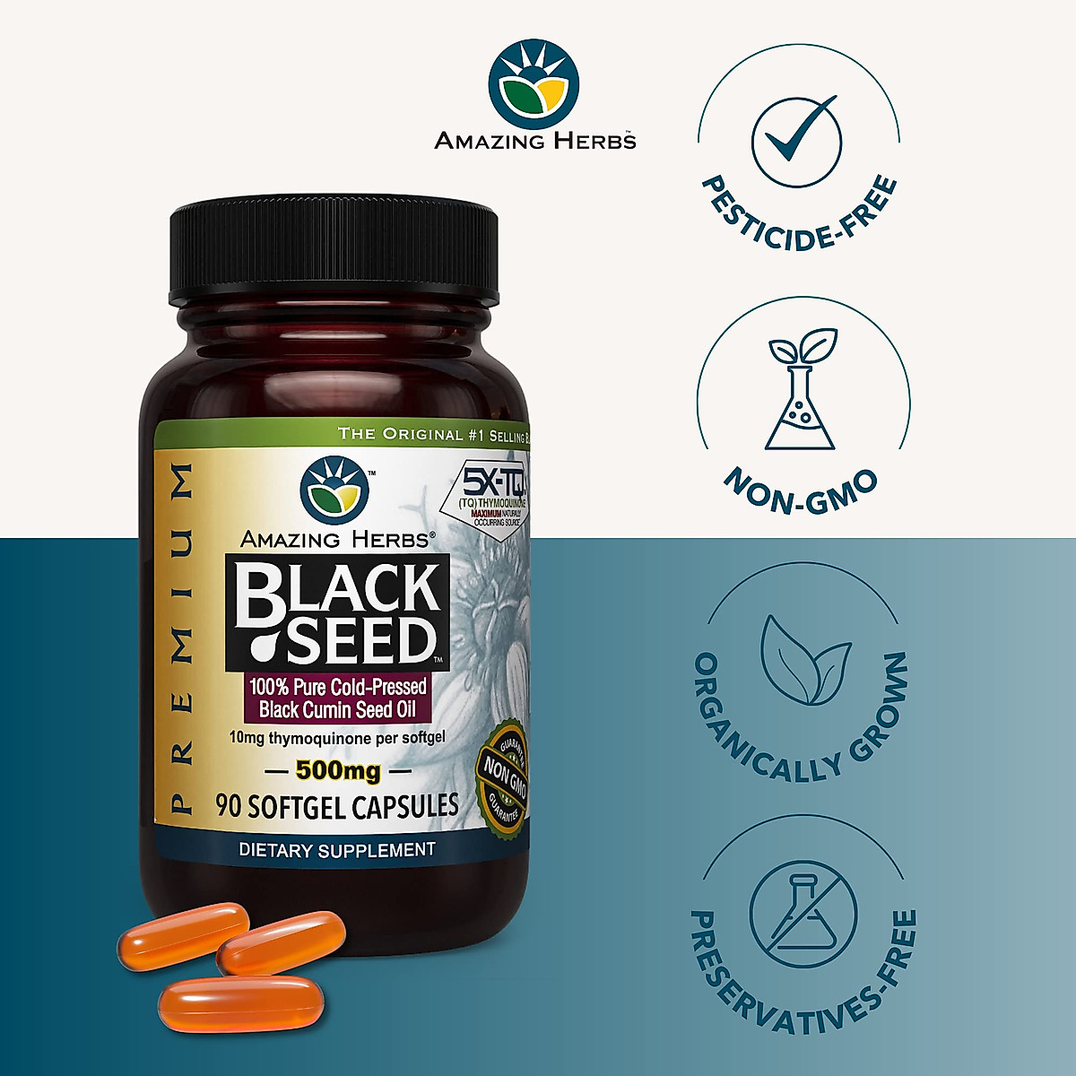 Amazing Herbs Premium Black Seed Oil Capsules - Cold Pressed Nigella Sativa Aids in Digestive Health, Immune Support, Brain Function, Gluten Free, Non GMO - 90 Count, 500mg