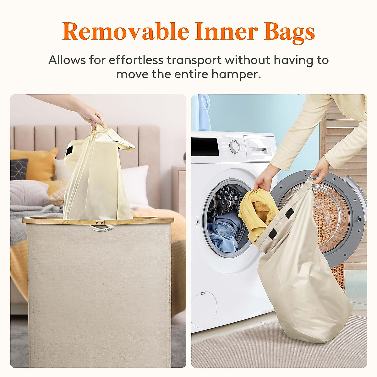 Lifewit 150L Laundry Basket with Lid 3 Section, Large Laundry Hamper with Bamboo Handles and Removable Laundry Bags, Clothes Hampers for Laundry for Bedroom, Bathroom, Dorm, Laundry Room, Beige