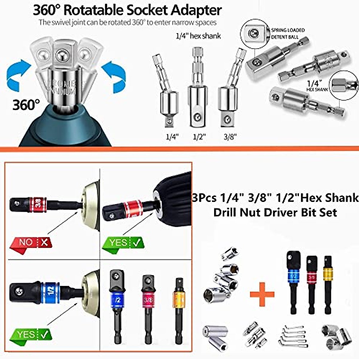 31Pcs Flexible Drill Bit Extension Set,105°Right Angle Drill Attachmen,Rotatable Joint Socket 1/4 3/8 1/2 Inch Hex Socket Adapter,Socket Bendable Drill Bit Extension,6pcs Screwdriver Bits Holder
