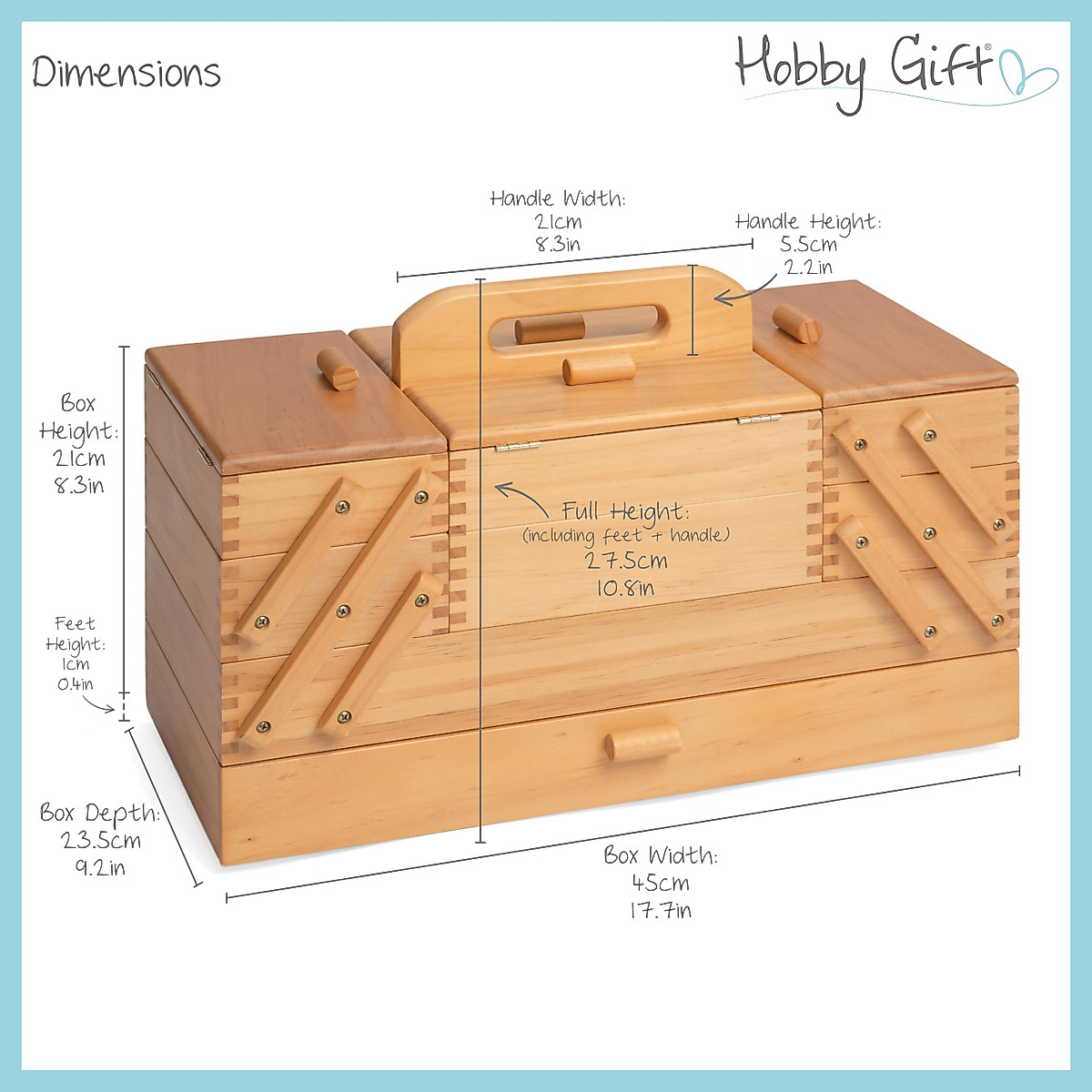Hobby Gift Wooden Cantilever Sewing Crafting Hobby Storage Box, Wood, Assorted, 23.5 x 45 x 32 cm
